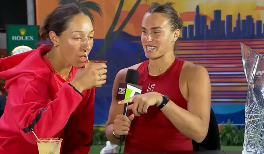 Watch: Jessica Pegula steals Aryna Sabalenka's drink - takes sip and runs away